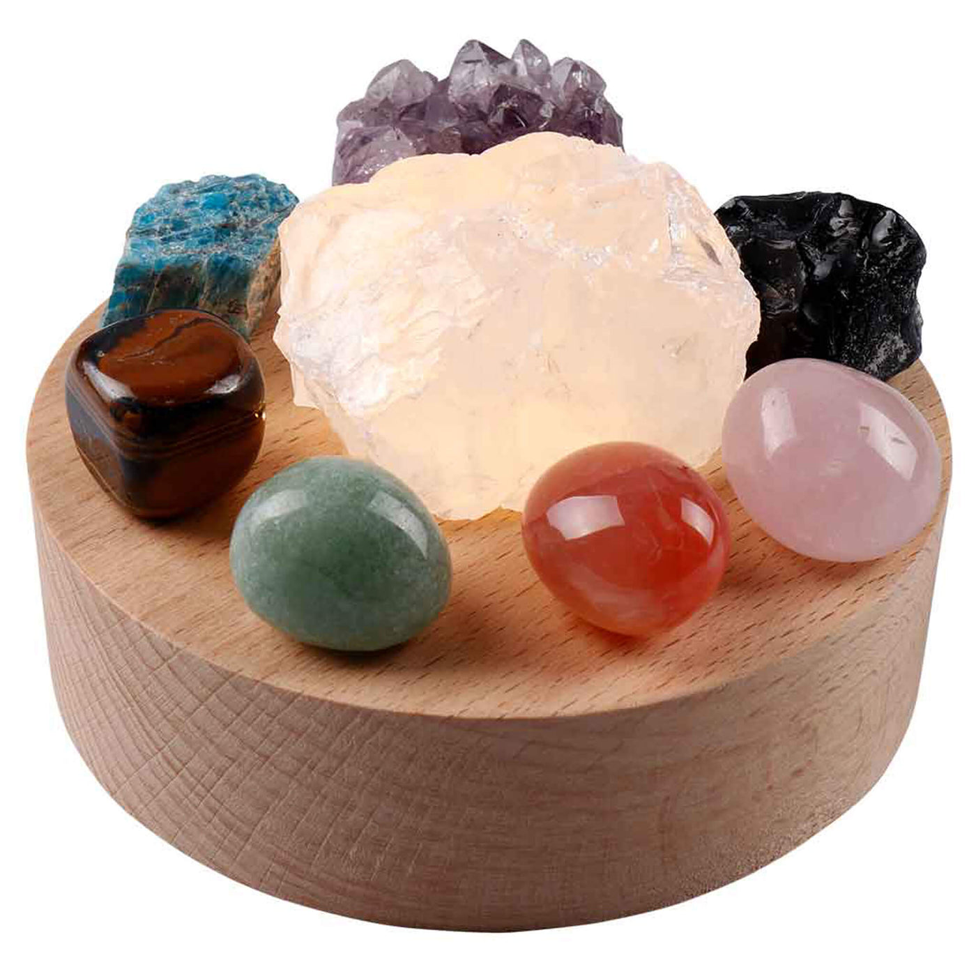 Chakra Energy Crystal Lamp with 7 stones | Woden Base Display